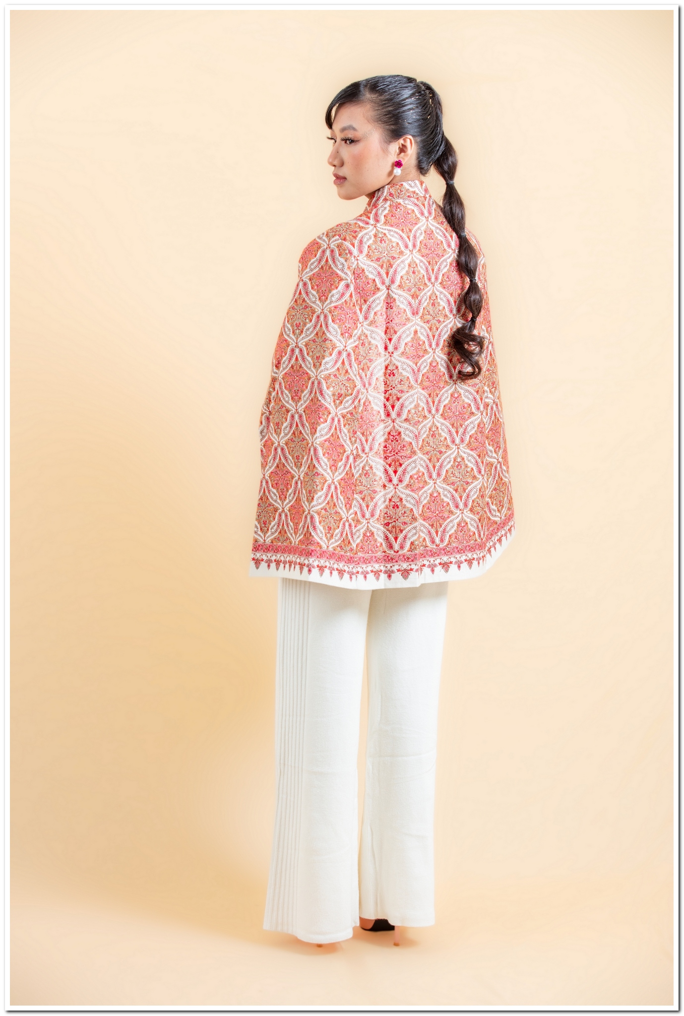 Red & White Mist Jamavar Cape - The Vintage Weaves